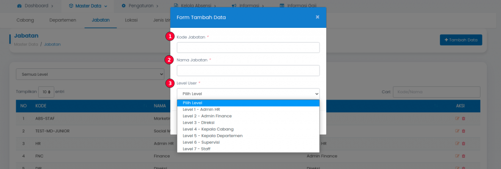 Master Data > Jabatan - Absenku Professional