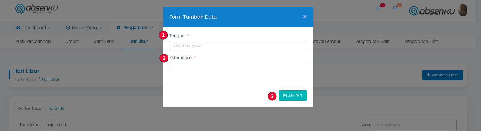 Pengaturan > Hari Libur - Absenku Professional
