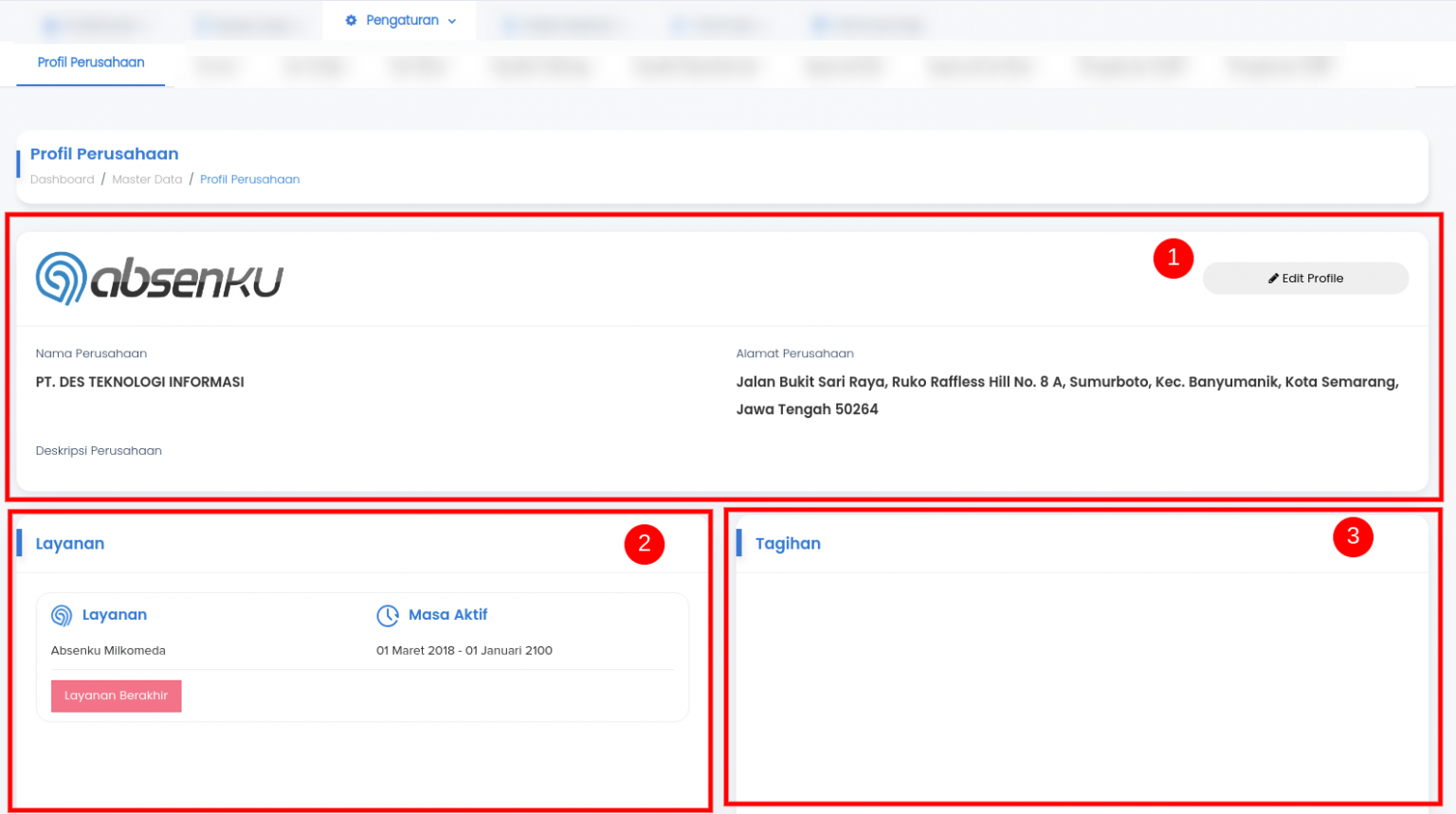 Pengaturan > Profil Perusahaan - Absenku Professional